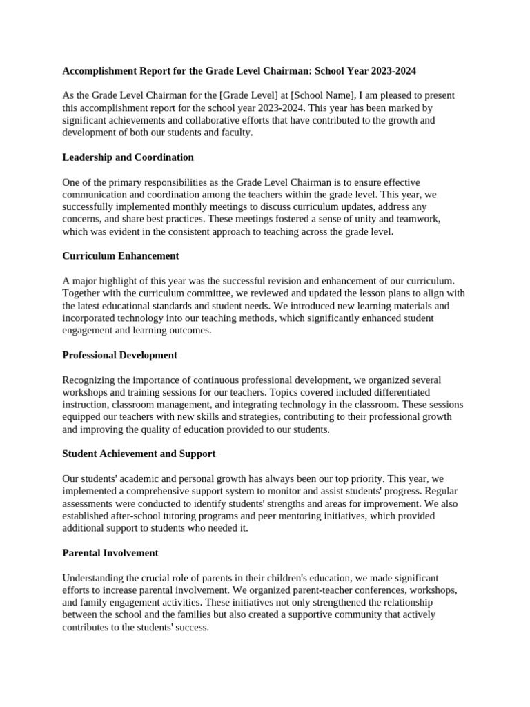 Accomplishment Report For The Grade Level Chairman | PDF | Curriculum ...