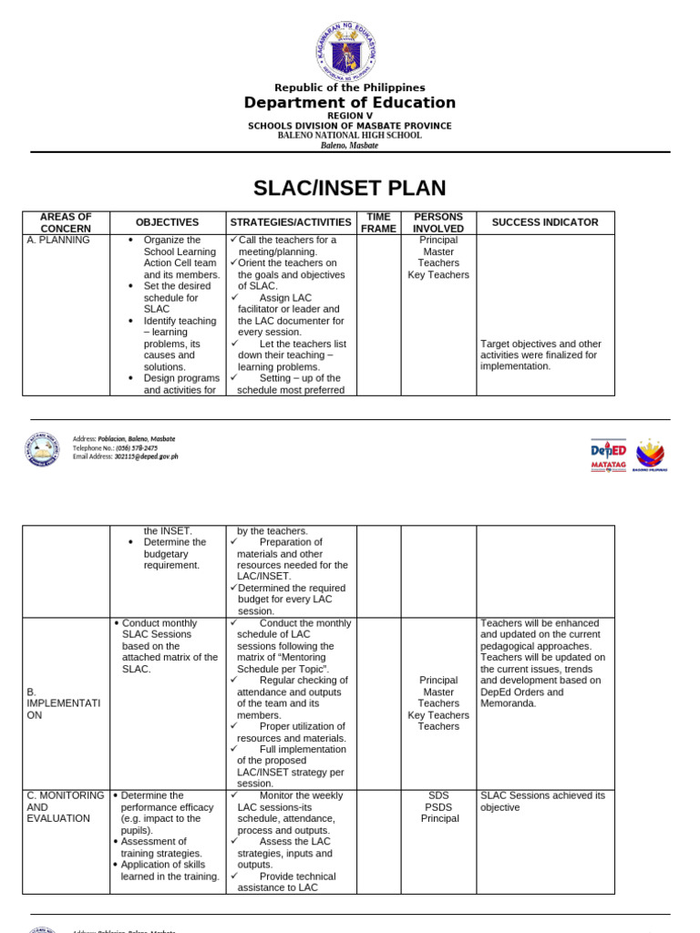 1st Lac Action Plan | PDF | Cognition | Learning
