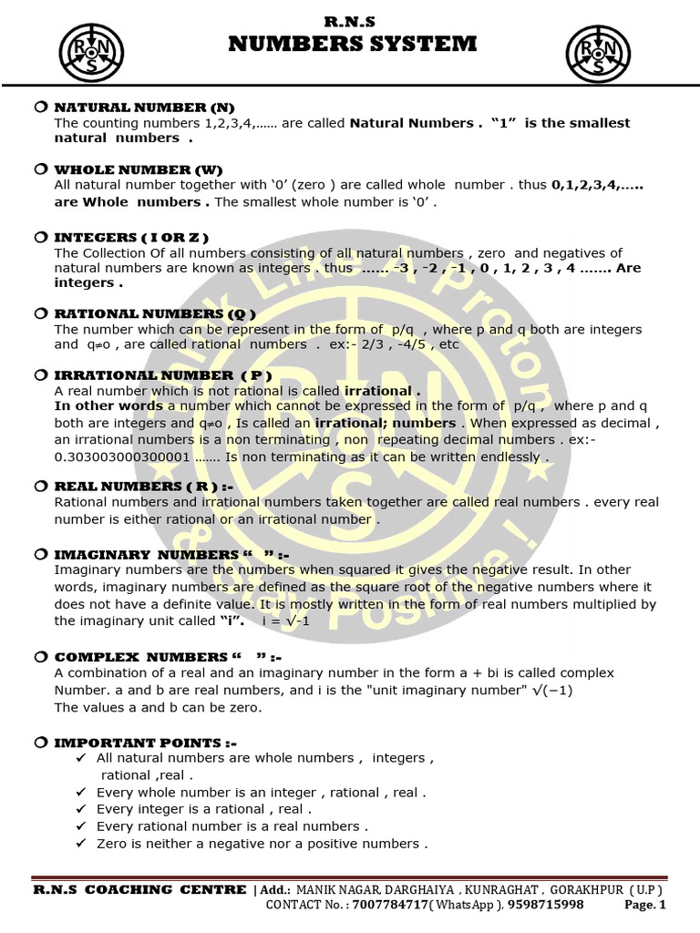 00 - Various Types of Numbers - Class-9th - Rns Classes | PDF | Numbers ...