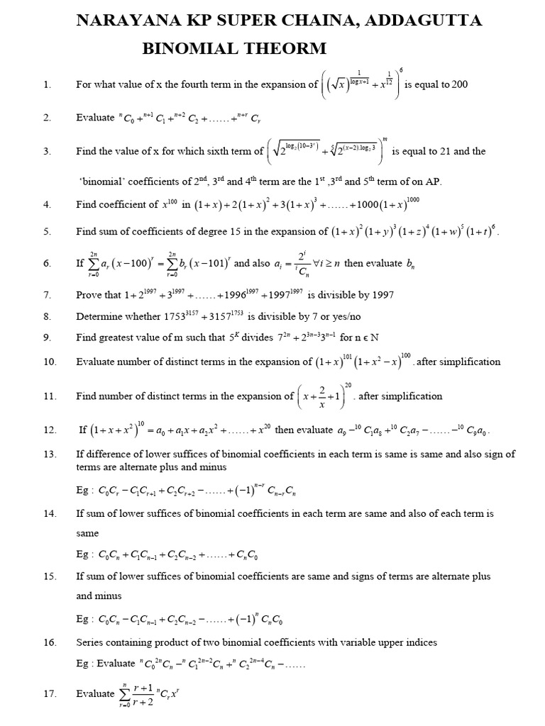 Binomial Theorem Problems and Solutions | PDF | Mathematical Objects ...