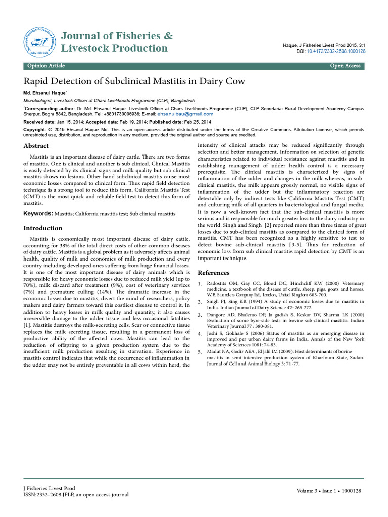 Rapid Detection of Subclinical Mastitis in Dairy Cow | PDF | Dairy | Milk