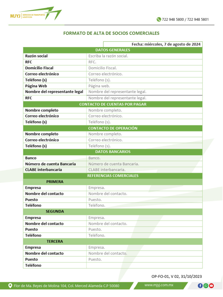 MJYJ-OP-FO-01-V02 Formato de Alta de Socios Comerciales | PDF