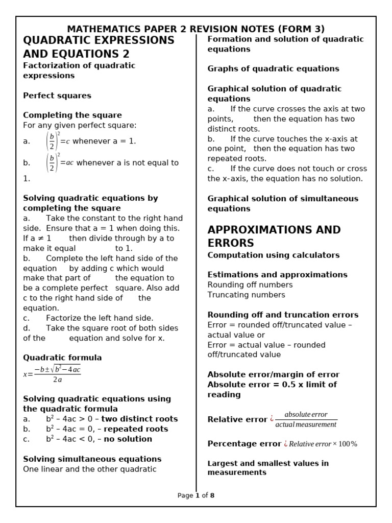 Paper 2 Revision Notes (F3) | PDF | Quadratic Equation | Equations