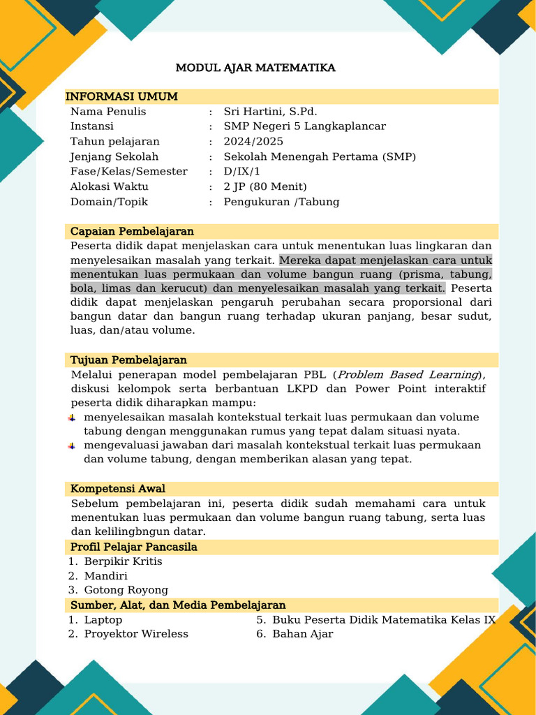 Perangkat Pembelajaran MTK 2025 | PDF
