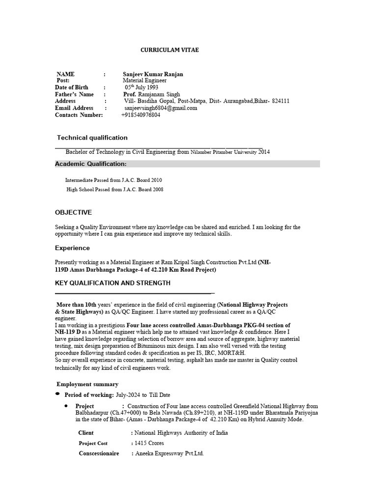 Sanjeev Kumar Ranjan CV | PDF | Concrete | Road Infrastructure
