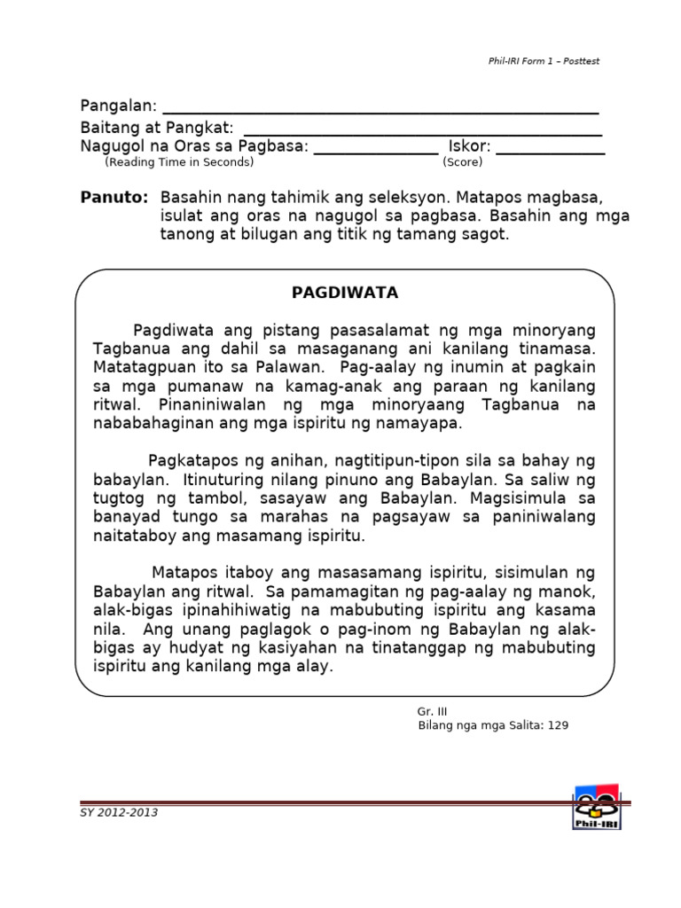 Gr. 3 Pagdiwata Silent Post Test | PDF