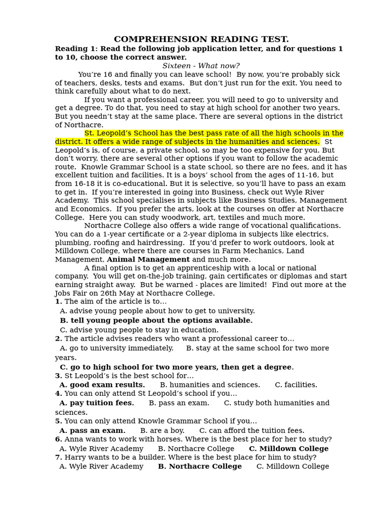 Comprehension Reading Test Guide | PDF | Moon | Happiness