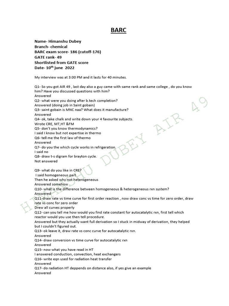 Barc Interview Experience | PDF | Gases | Liquids
