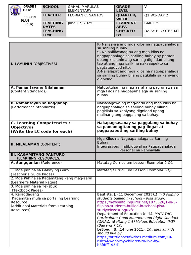 q1 DLL GMRC w1 Day 2 Santos | PDF