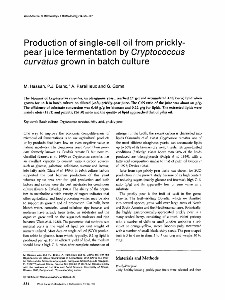 Production of Single-Cell Oil From Prickly-Pear Juice Fermentation by ...