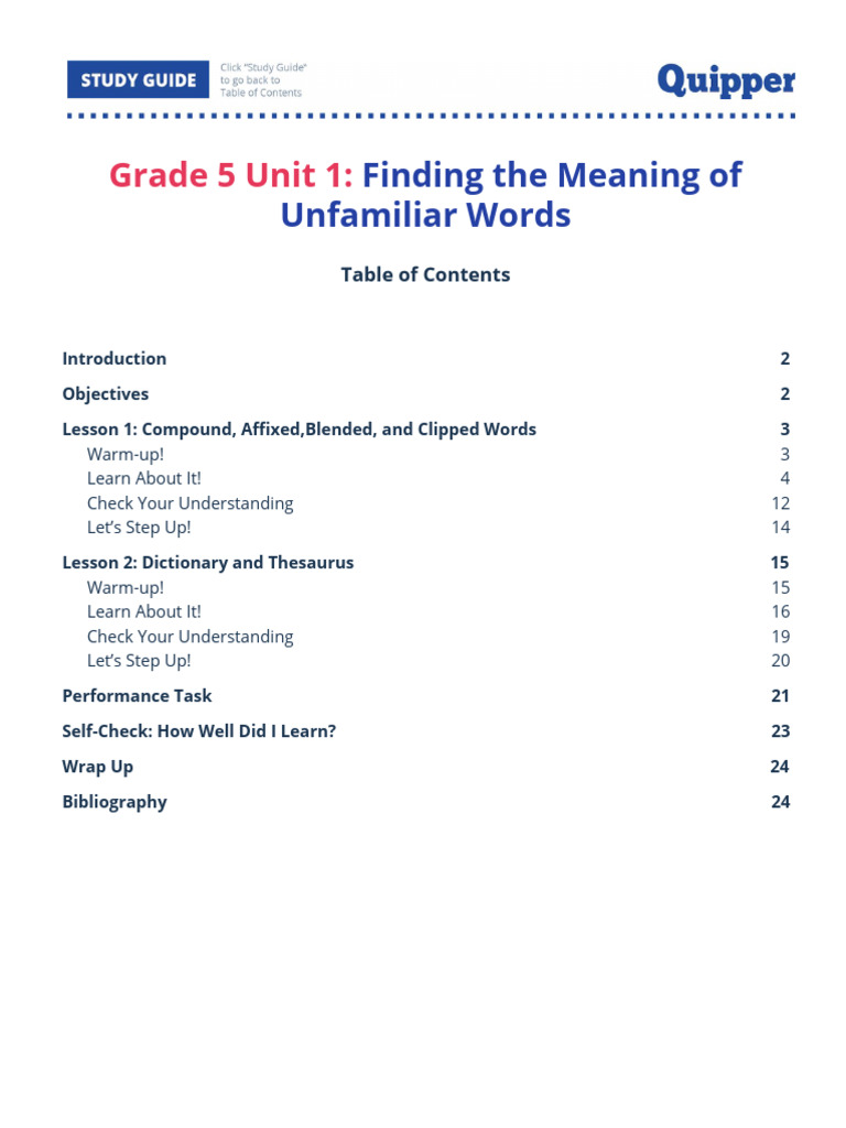PDF - Grade 5 - Unit 1 - Finding The Meaning of Unfamiliar Words, 2 ...