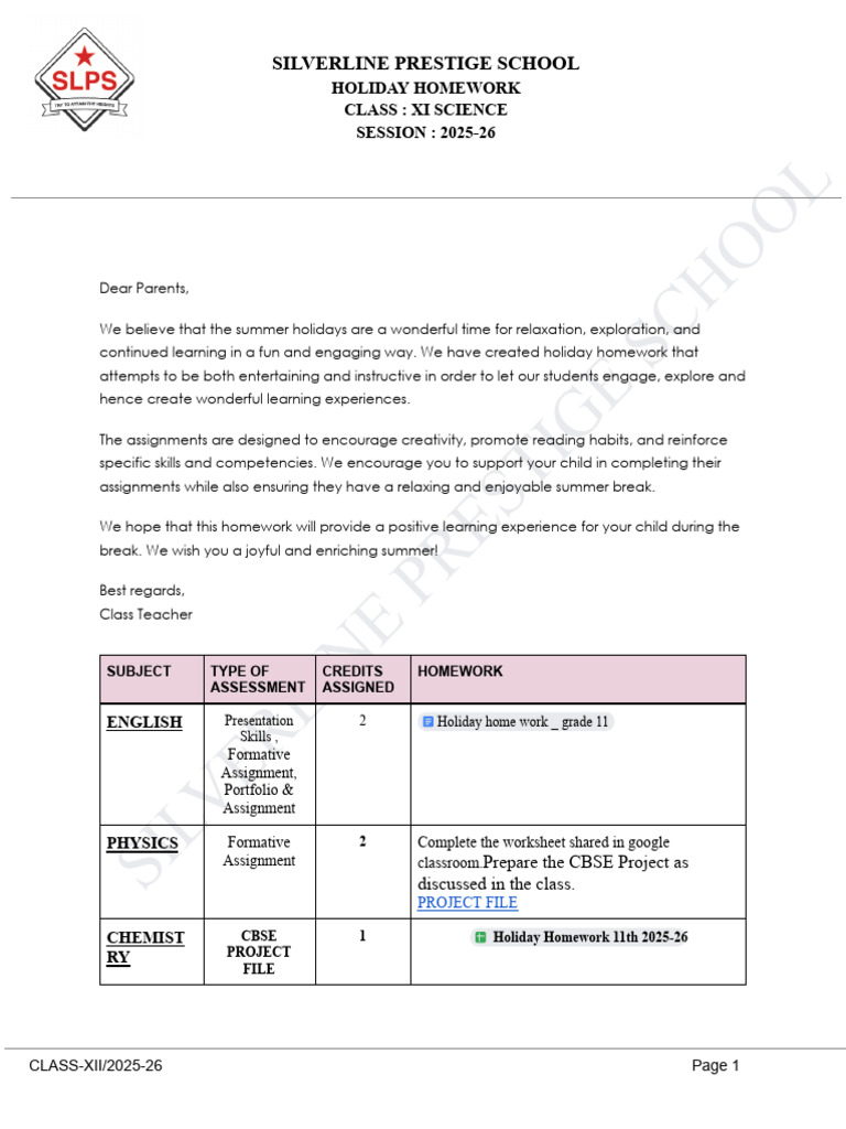 HHW Class 11 Science (2025-26) | PDF | Homework | Behavior Modification