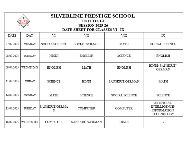Date Sheet - UT-1 - Grade6-9 | PDF