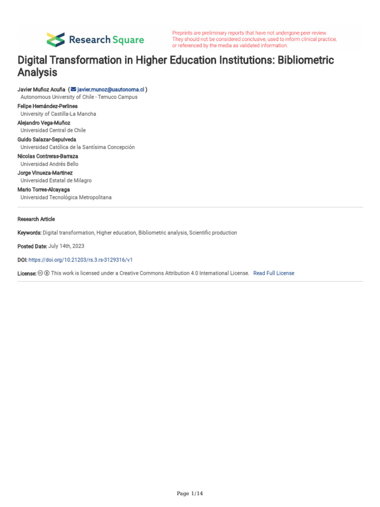 Digital Transformation in Higher Education Institutions Bibliometric Analysis | PDF ...