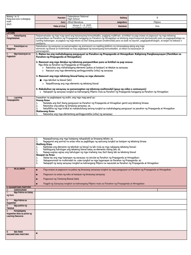 DLP For MATATAG 8 Revision 10-21-24 | PDF