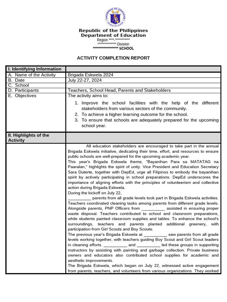 ACR-Brigada-Eskwela 2024.docx Obj 11 | PDF | Teachers | Schools