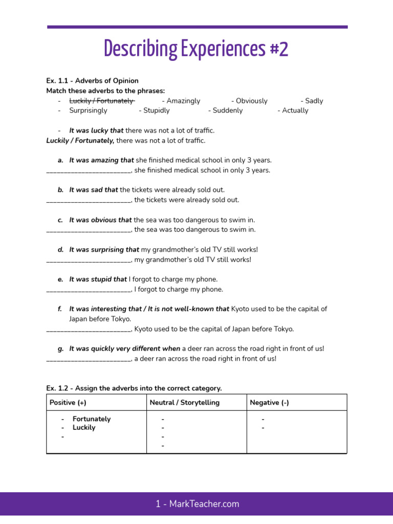 4 - IELTS Speaking Part 2 Worksheet Describe Experiences 2 Advanced ...