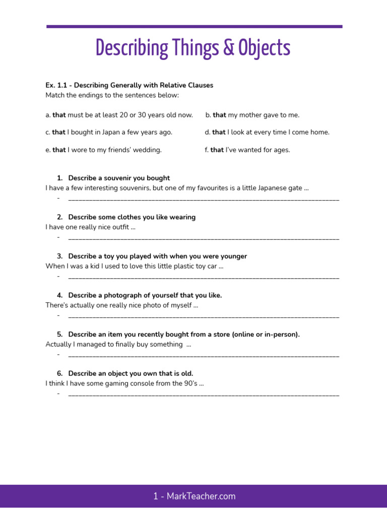 6 - IELTS Speaking Part 2 Worksheet Describing Objects Things ...