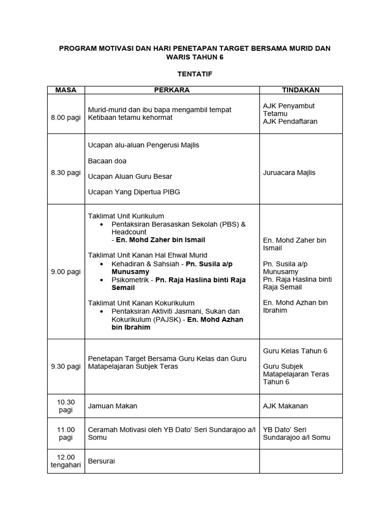 7 Tentatif Dan Ajk Program Motivasi Dan Hari Penetapan Target Bersama | PDF