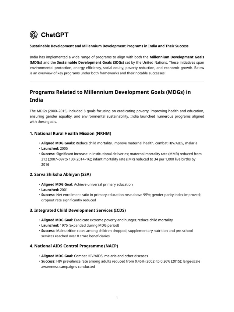 India’s MDGs and SDGs: Key Programs & Successes | PDF | Millennium ...
