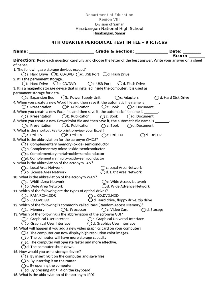 4th Quarter TLE 9 ICT/CSS Test | PDF | Bios | Computer Data Storage