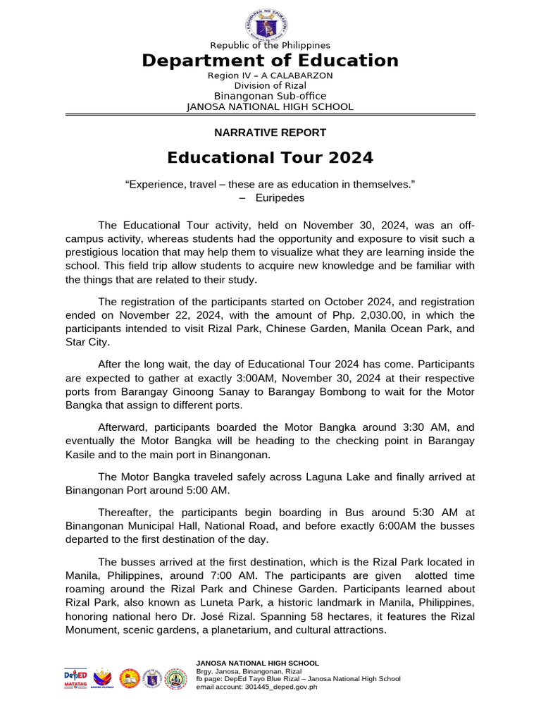 Janosa National High School Tour 2024 | PDF