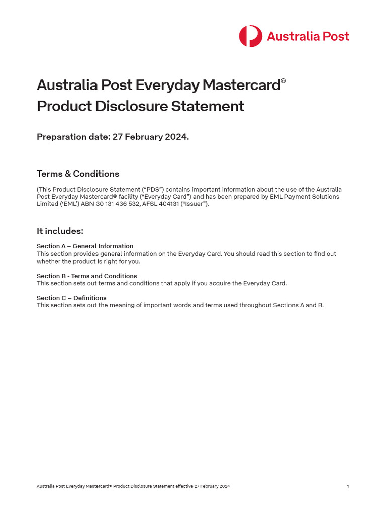 Australia Post Everyday Mastercard PDS | PDF | Credit Card | Debit Card
