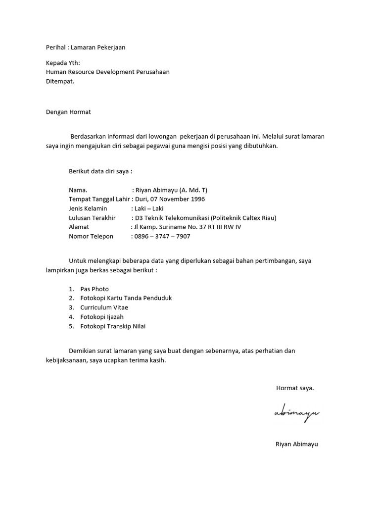 Surat Lamaran & Berkas Lamaran Pekerjaan Riyan Abimayu | PDF