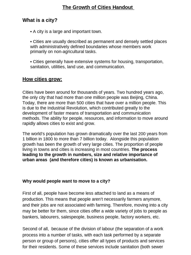 How Cities Grow and Top 10 Largest Cities in The World Handout ...