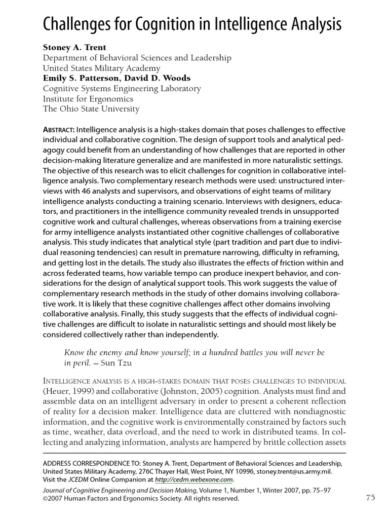 Challenges For Cognition in Intelligence Analysis: Stoney A. Trent | PDF | Intelligence Analysis ...