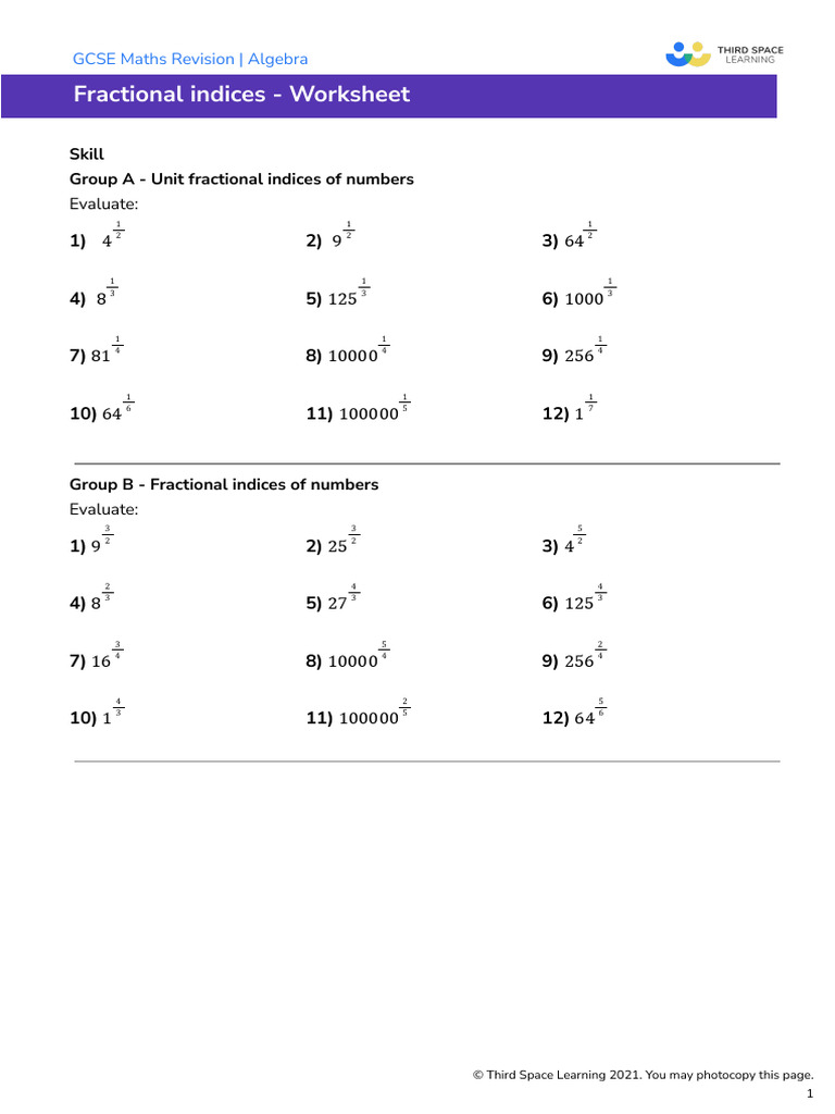Third Space Learning Fractional Indices GCSE Worksheet | PDF | Mathematics