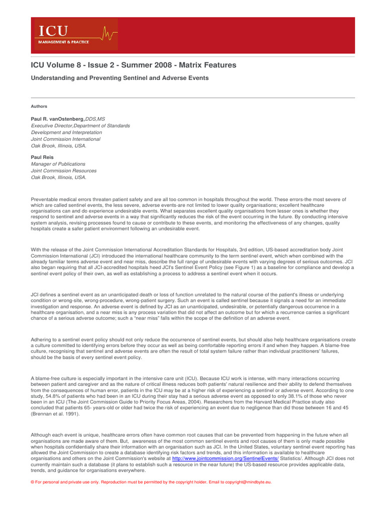 Understanding and Preventing Sentinel and Adverse Events | PDF | Joint ...