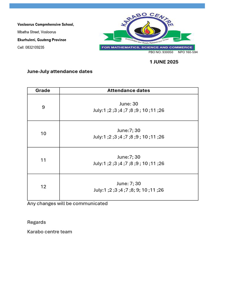 June - July Atttendance Dates-1 | PDF