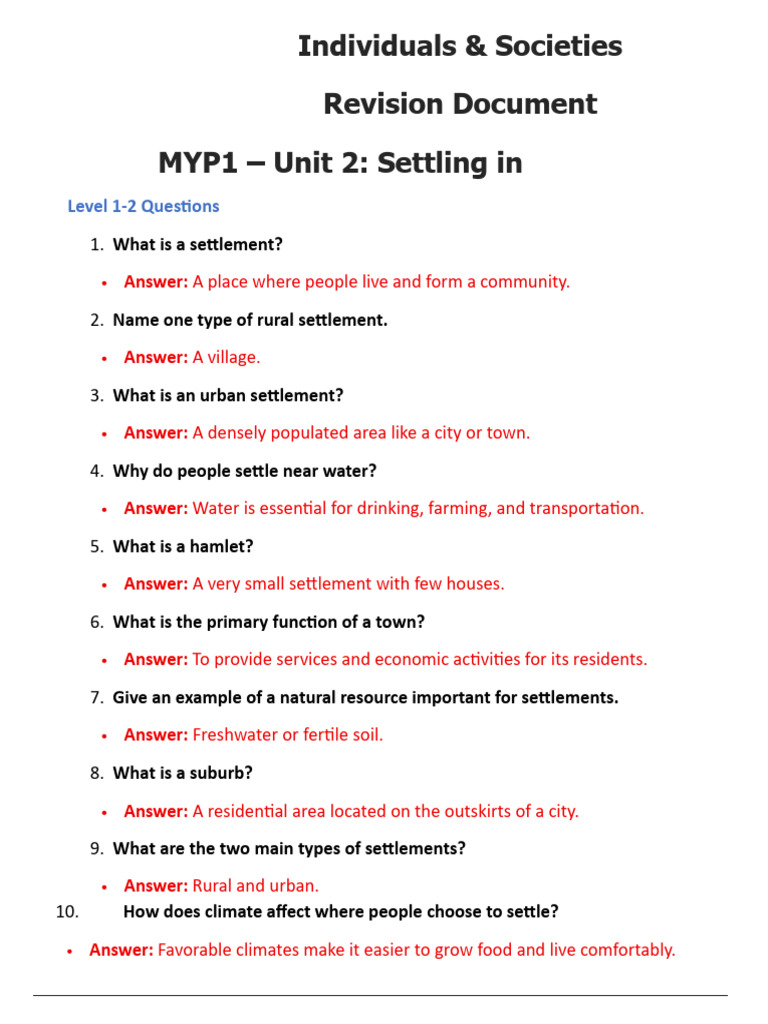 MYP1-I S Revision On Unit 2 Settling in - Answered | PDF | Urbanization | Suburb