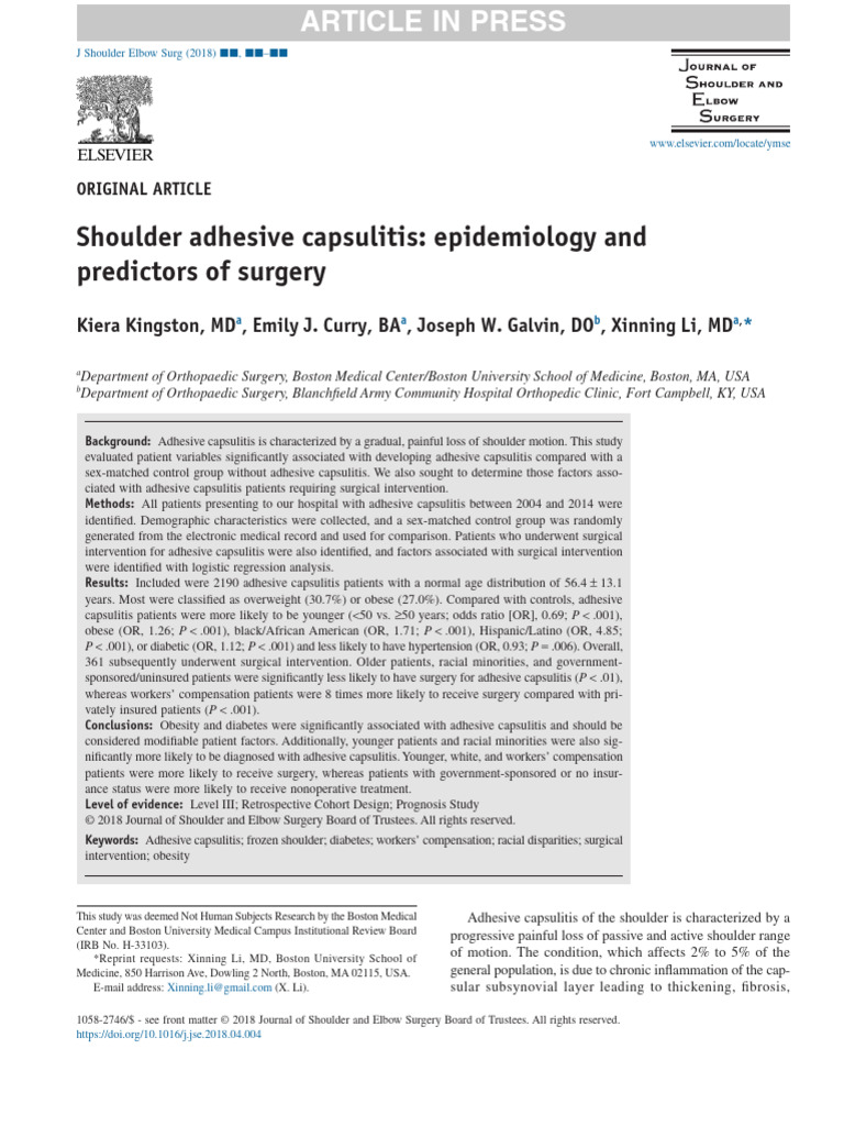 Adhesive Capsulitis: Surgery Predictors | PDF | Diabetes | Human ...