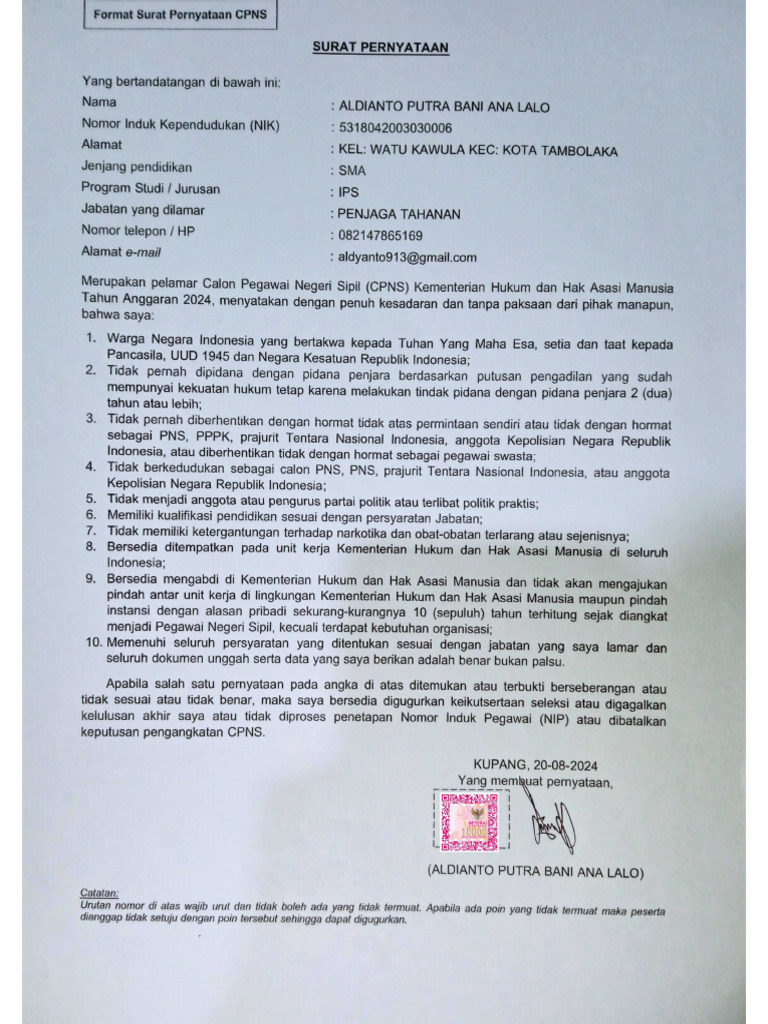 Surat Pernyataan Aldi | PDF