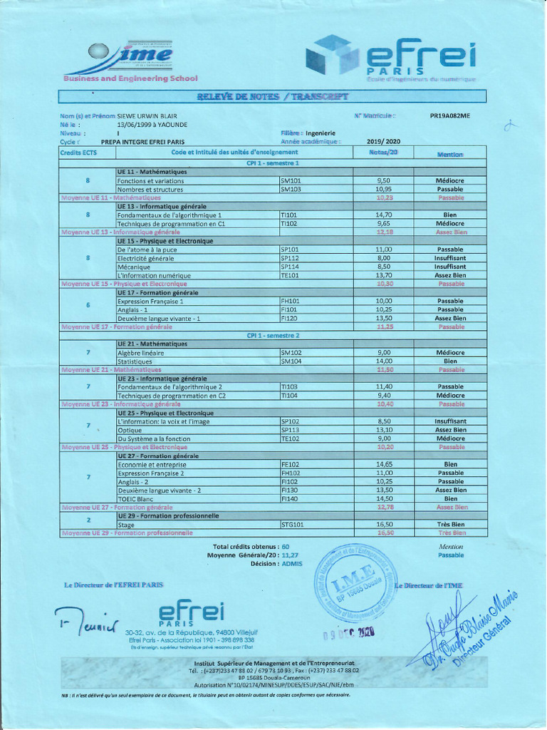 Relevé de Notes EMI 2019 2020 | PDF