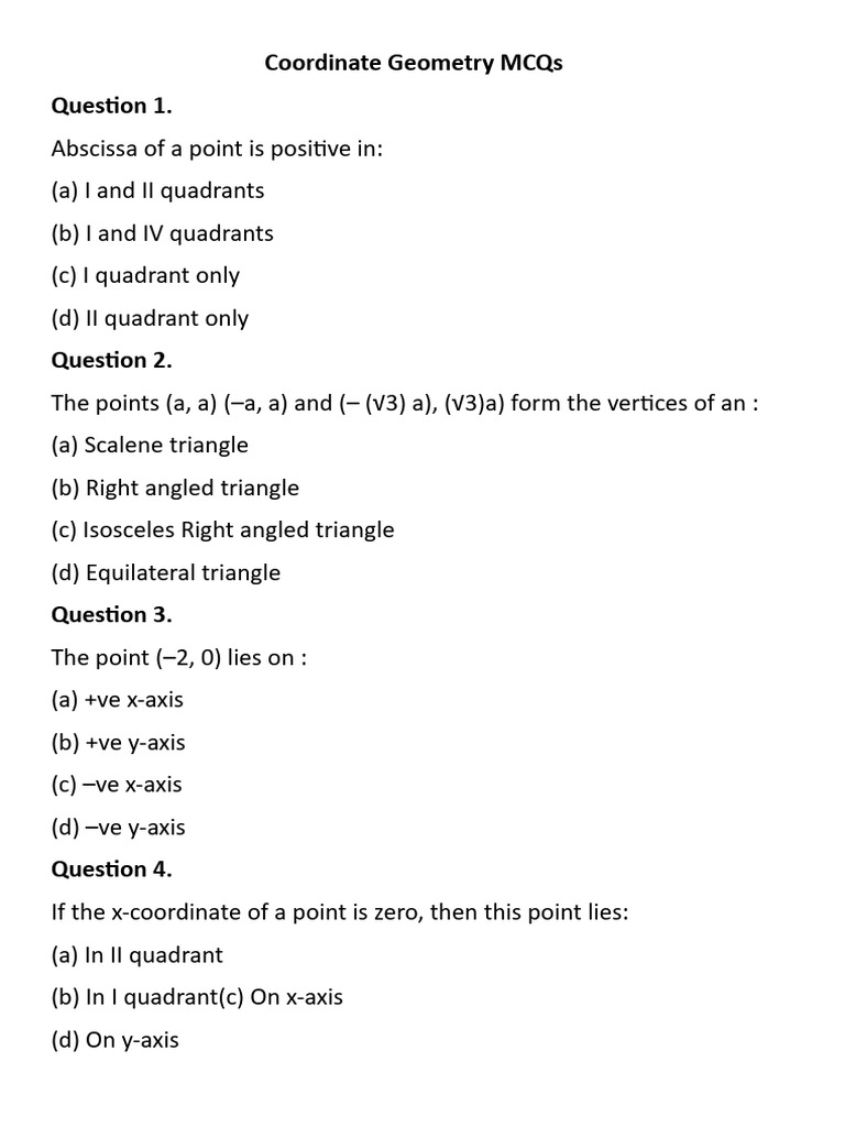 Coordinate Geometry Mcqs Pdf Cartesian Coordinate System Orthogonality