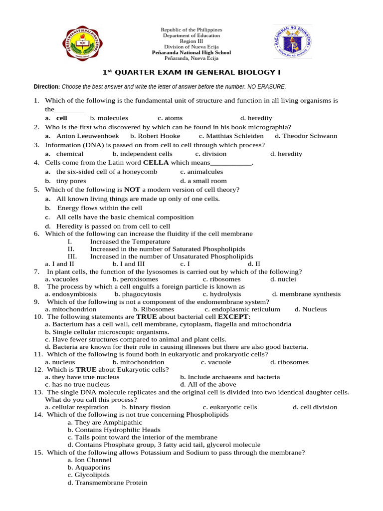 1st Quarter Exam in General Biology I | PDF | Meiosis | Cell (Biology)
