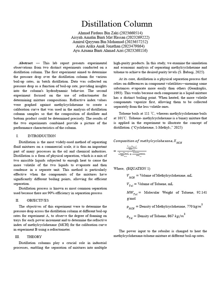 Lab 6 - Distillation Column | PDF | Distillation | Chemistry