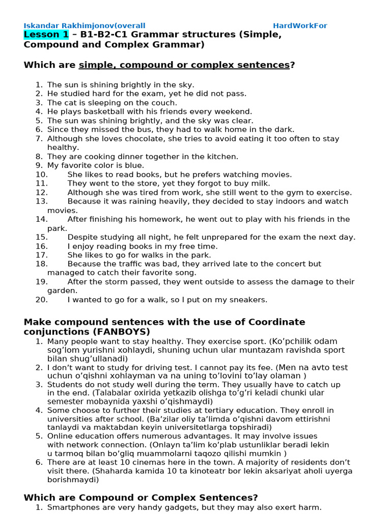 Homework - Simple, Compound and Complex Sentences | PDF
