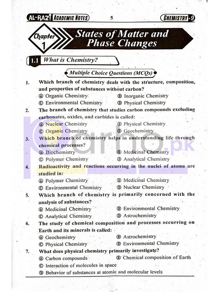 9th Class Chemistry Chapter 1 S.Q & MCQs | PDF