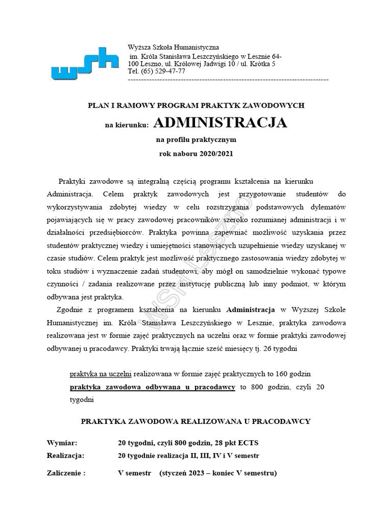 Plan I Ramowy Program Praktyk-Administracja | PDF