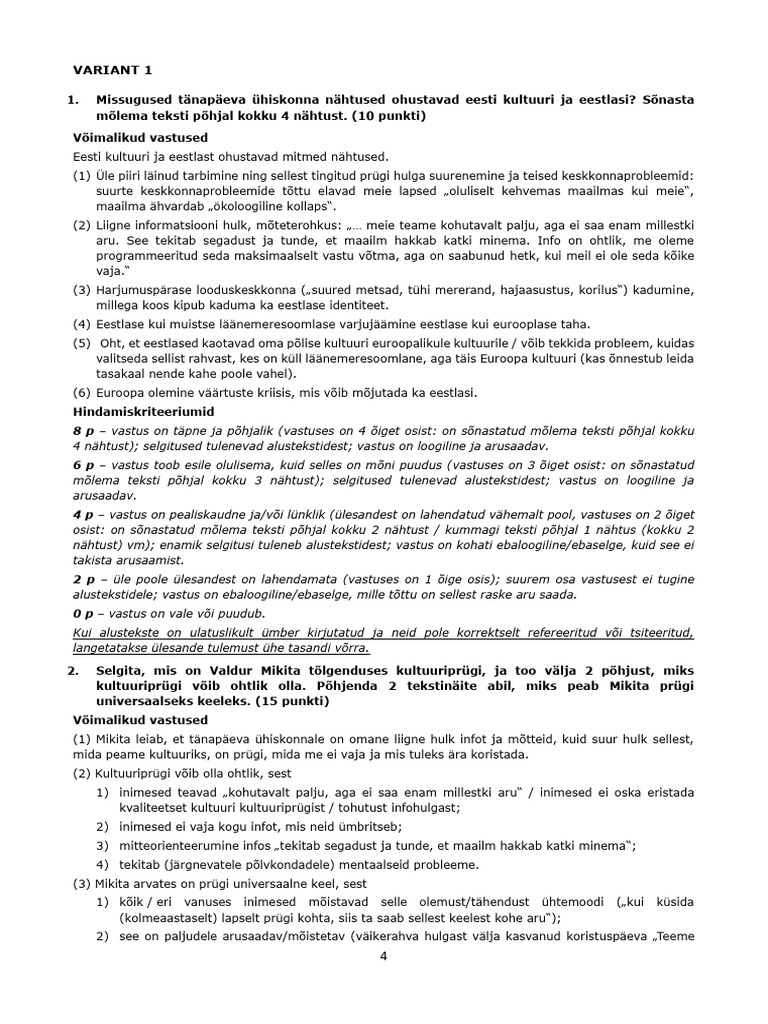 Eesti Keele RE 2022 - Lugemisosa Hindamisjuhend - Standardiseeritud 1-4-6 | PDF