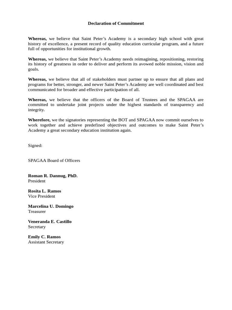 Declaration of Commitment (1) | PDF