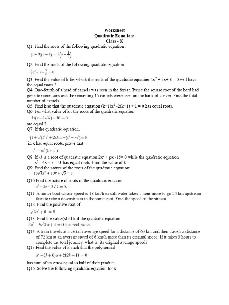 Worksheet Quadratic Equations | PDF