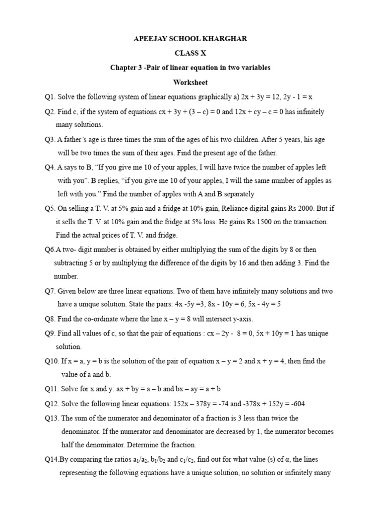 Pair of Linear Equations On Two Variables | PDF | Equations | Algebra