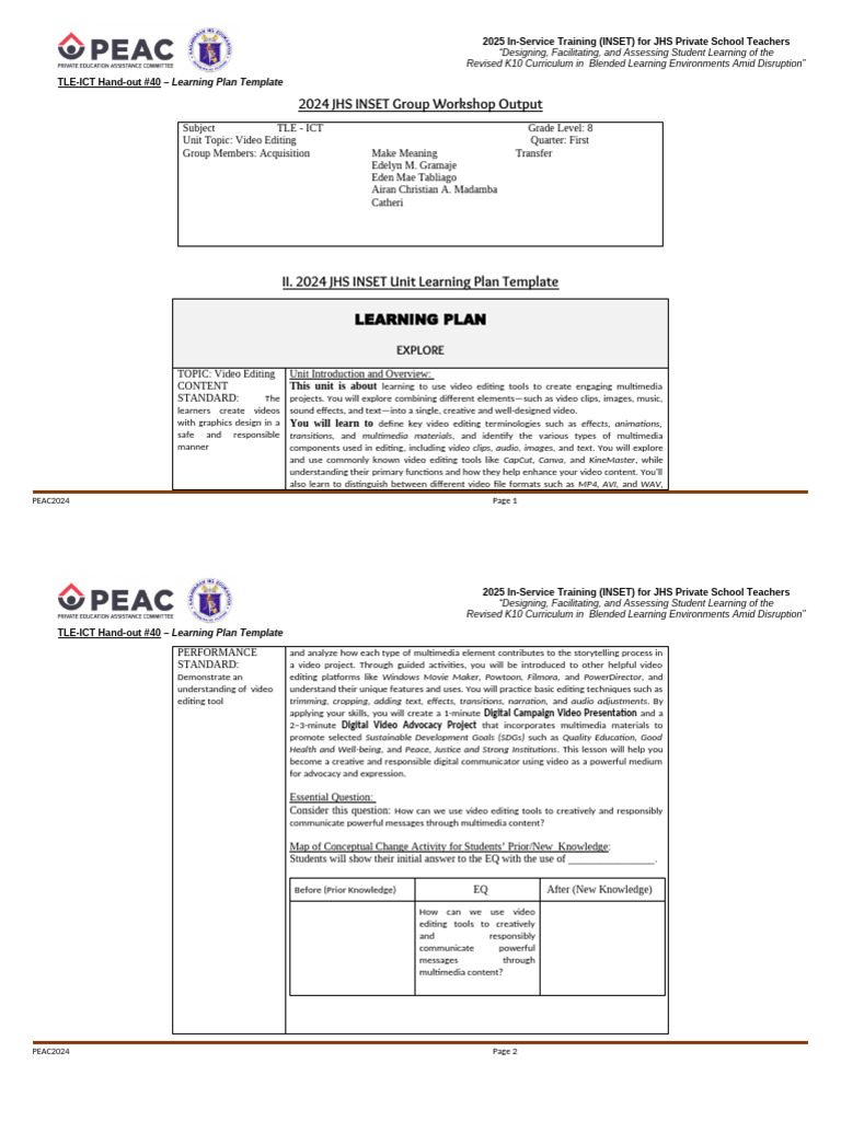 HO40-S8 2025 TLE-ICT Learning Plan Template | PDF | Multimedia | Editing