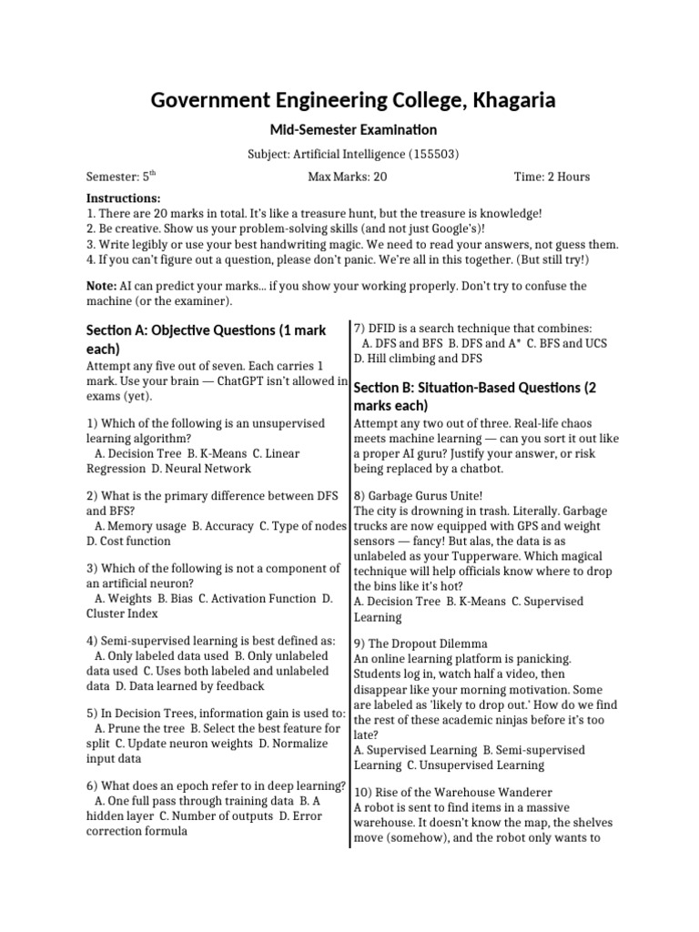 AI Mid-Sem Exam Paper - GEC Khagaria | PDF | Artificial Intelligence ...
