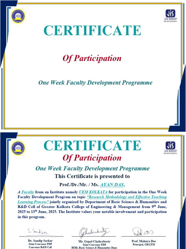 FDP Participation Certificates | PDF | Cognition | Cognitive Science